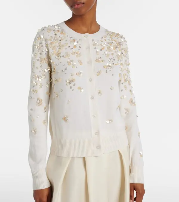 Oscar De La Renta Embroidered Virgin Wool Cardigan - White