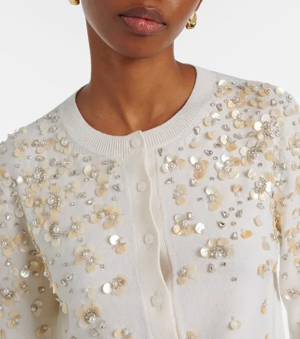 Oscar De La Renta Embroidered Virgin Wool Cardigan - White