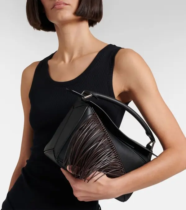 Loewe Puzzle Small Fringed Leather Shoulder Bag - Black