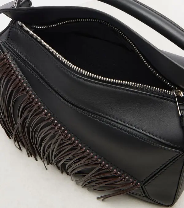 Loewe Puzzle Small Fringed Leather Shoulder Bag - Black
