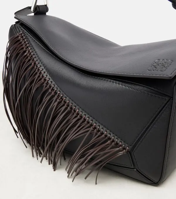 Loewe Puzzle Small Fringed Leather Shoulder Bag - Black