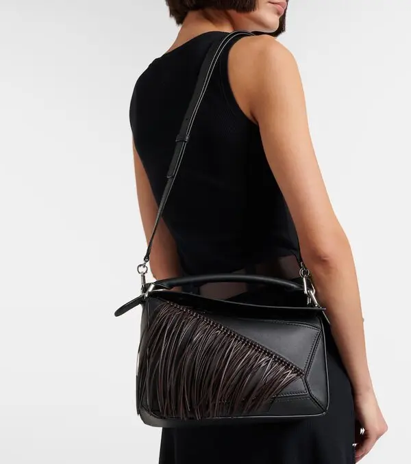 Loewe Puzzle Small Fringed Leather Shoulder Bag - Black