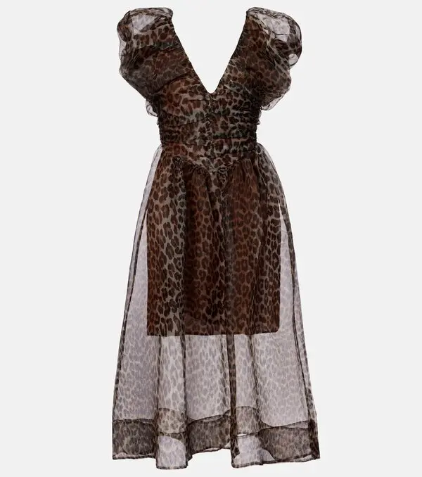 GANNI Leopard-print Organza Midi Dress - Brown