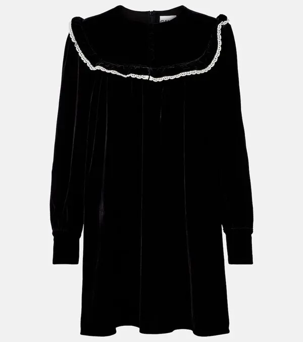 GANNI Lace-trimmed Velvet Minidress - Black