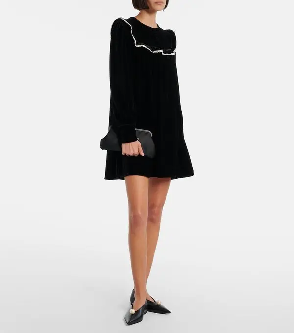 GANNI Lace-trimmed Velvet Mini Dress