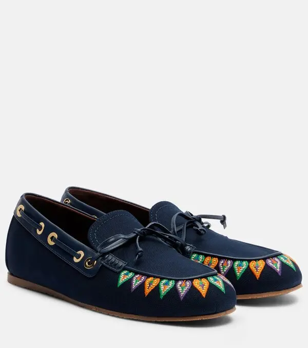 Etro Embroidered Canvas Boat Shoes - Blue