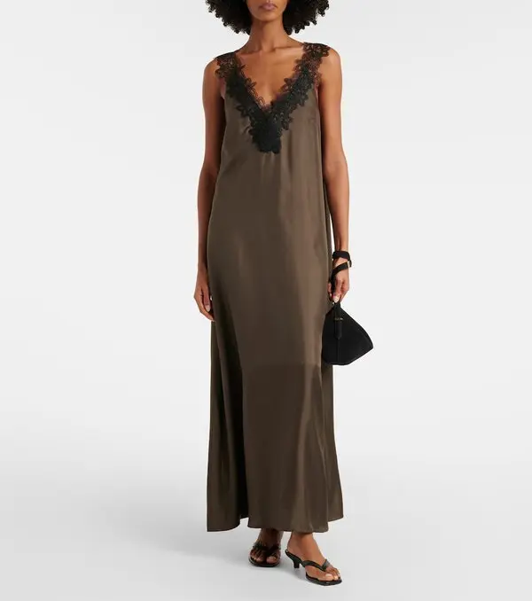 RÓHE Lace-trimmed Silk Maxi Dress - Brown