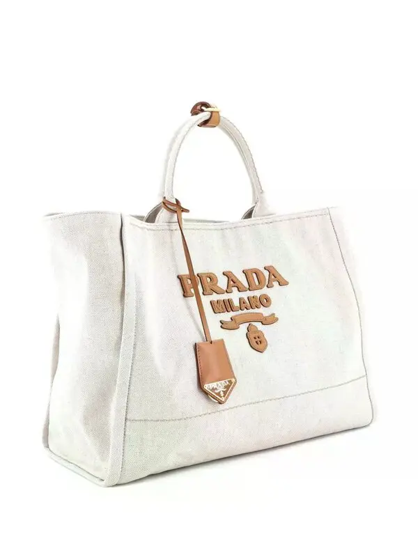 Prada Logo Linen Blend Large Tote Bag