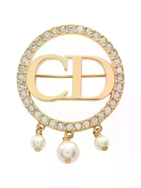 Dior Logo Rhinestone Brooch - Gold
