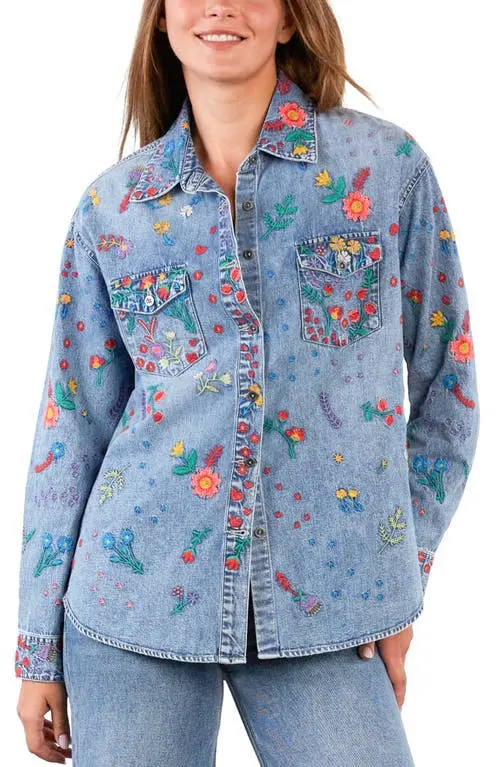 BILLY T Embroidered Floral Shirt Jacket