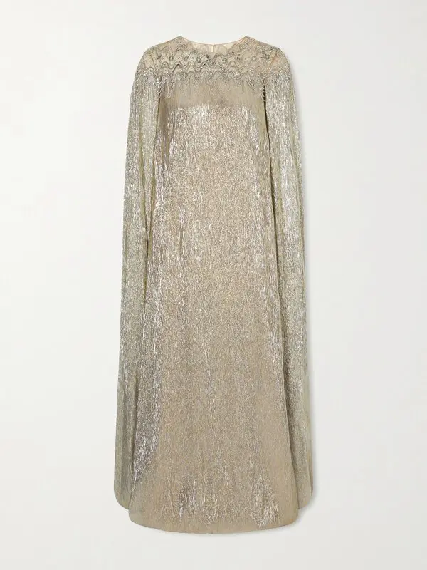 Oscar De La Renta Cape-effect Crystal And Sequin-embellished Lamé Gown - Silver