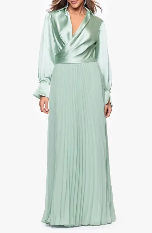 XSCAPE EVENINGS Pleated Satin Gown - Sage