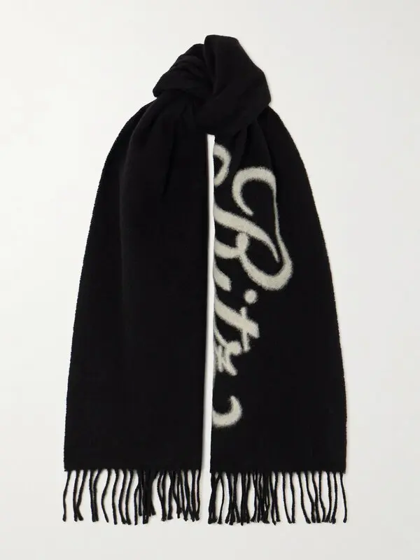FRAME Ritz Paris Fringed Wool-jacquard Scarf - Black