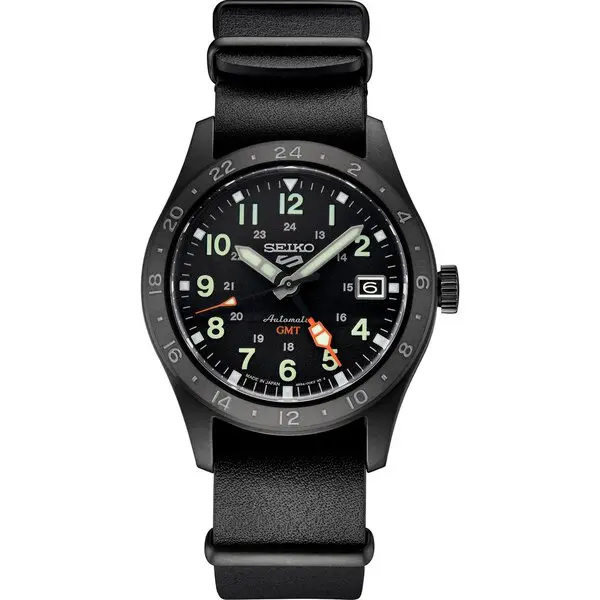 SEIKO WATCHES 5 Sports Leather Strap Watch - Black