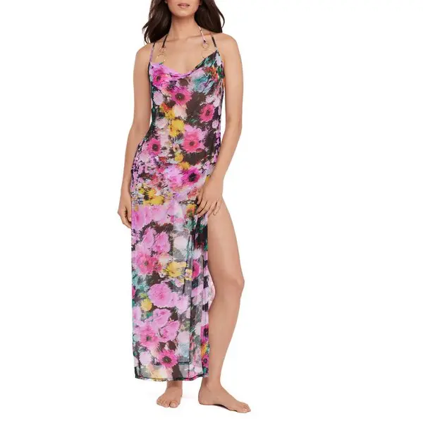Steve Madden Cowl Neck Semisheer Mesh Maxi Dress - Black Multi