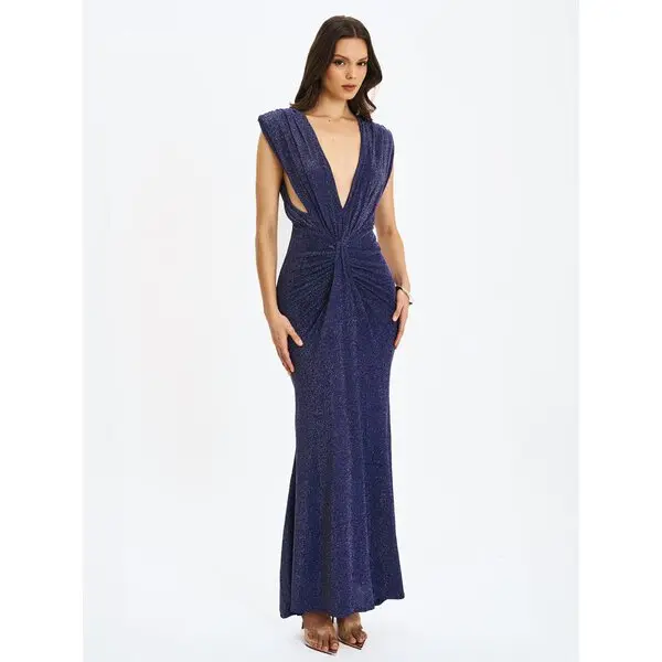 MISS CIRCLE Terri Sparkle Plunging Backless Maxi Dress - Navy