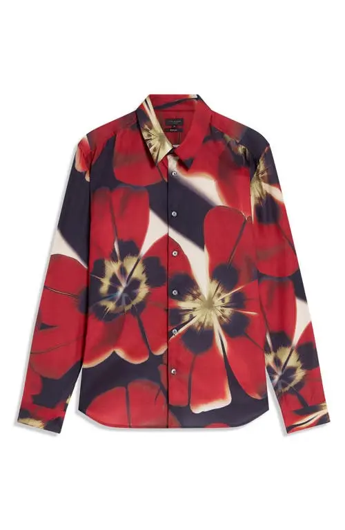 Ted Baker London Phelin Floral Stretch Cotton Button-up Shirt - Red/navy