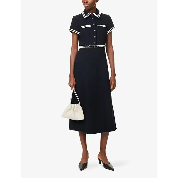 Me+Em Contrast-Trim Boucl Stretch-Knit Midi Dress In Navy | Editorialist