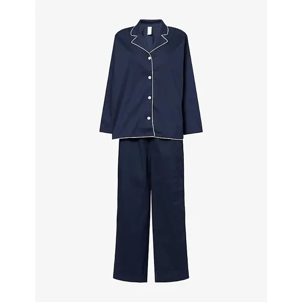 Desmond & Dempsey Placement-print Long-sleeve Cotton Pyjama Set - Plain Cotton Navy