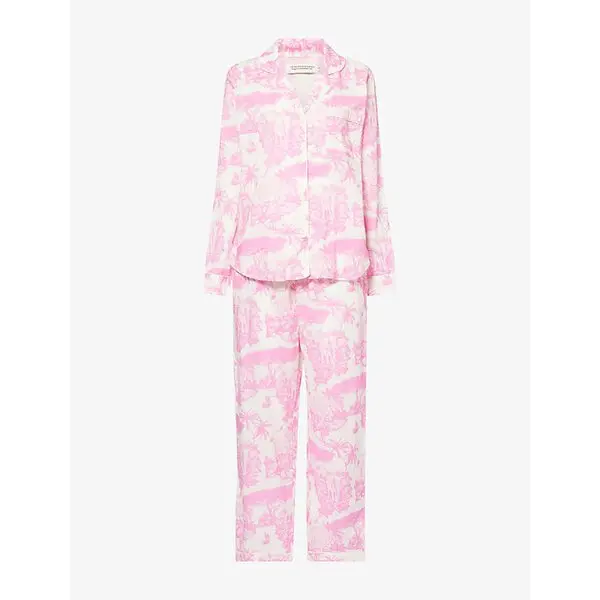 Desmond & Dempsey Placement-print Long-sleeve Cotton Pyjama Set - Plain Cotton Pink