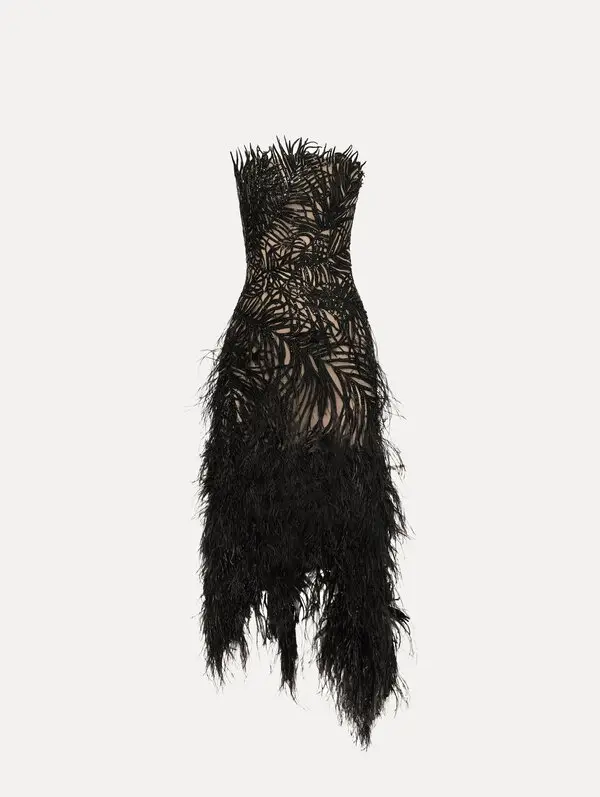 Oscar De La Renta Feather Embroidered Dress - Black