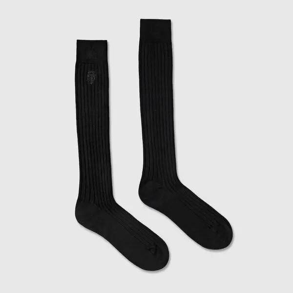 Gucci Knit Cotton Crew Socks With Crest Embroidery - Black