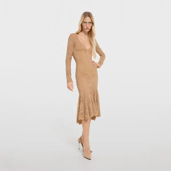 GUCCI GG Flower Stretch Lace Dress, Size 40 IT, Beige, Ready-to-wear