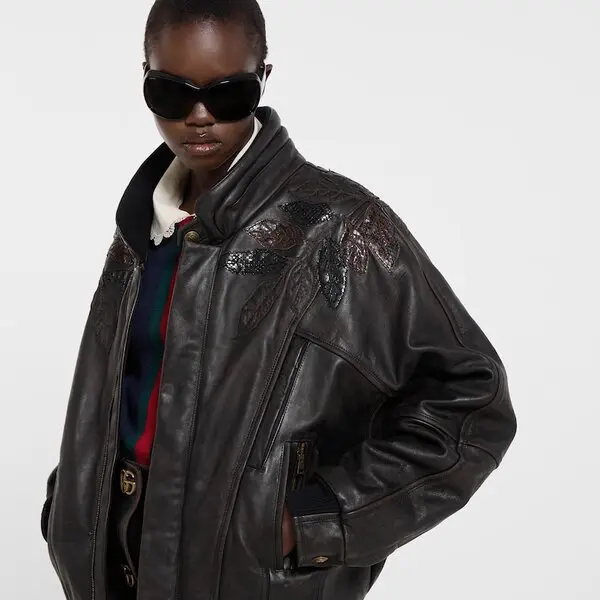 Gucci Leather Bomber Jacket With Python Patch