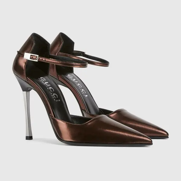 Gucci Laminated Leather Pump With Ankle Strap