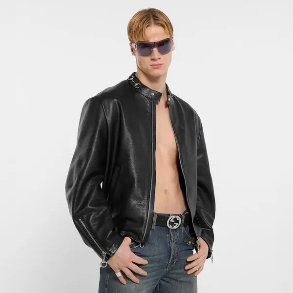 Gucci Leather Jacket With Horsebit Detail - Black