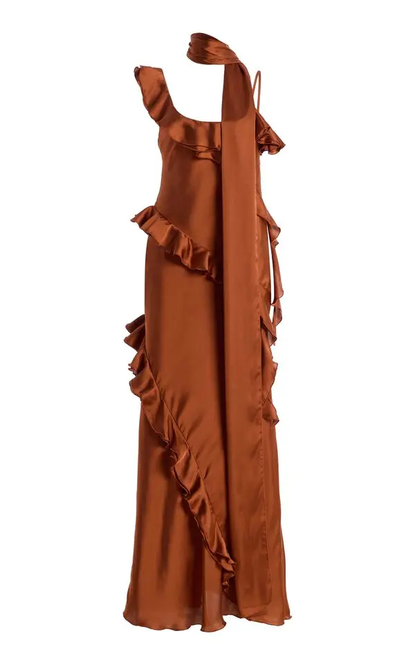 SIEDRES Monica Ruffled Satin Maxi Dress - Brown