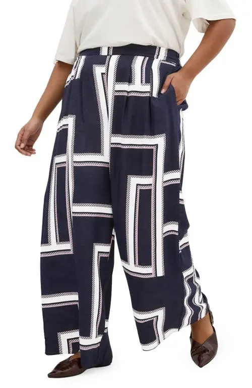 City Chic Printed Pull-on Wide Leg Pants - Sleek Stripes Navy