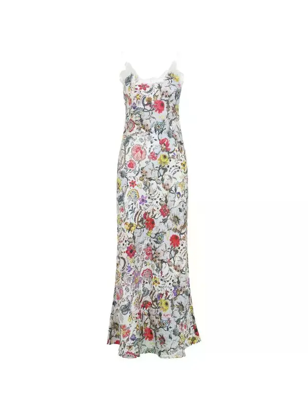 Roberto Cavalli Lace Trim Floral Print Silk Maxi Dress - White