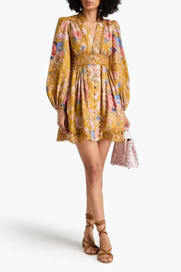 Zimmermann Guipure Lace-Trimmed Floral-Print Linen Mini Dress In Mustard -  60% Off | Editorialist