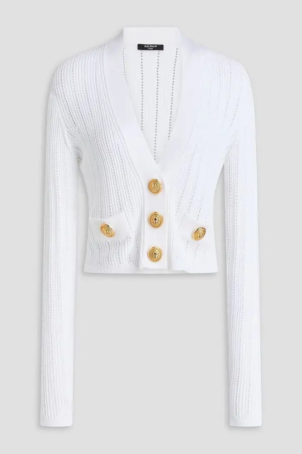 Balmain Cropped Pointelle-knit Cardigan With Button Embellishments - White
