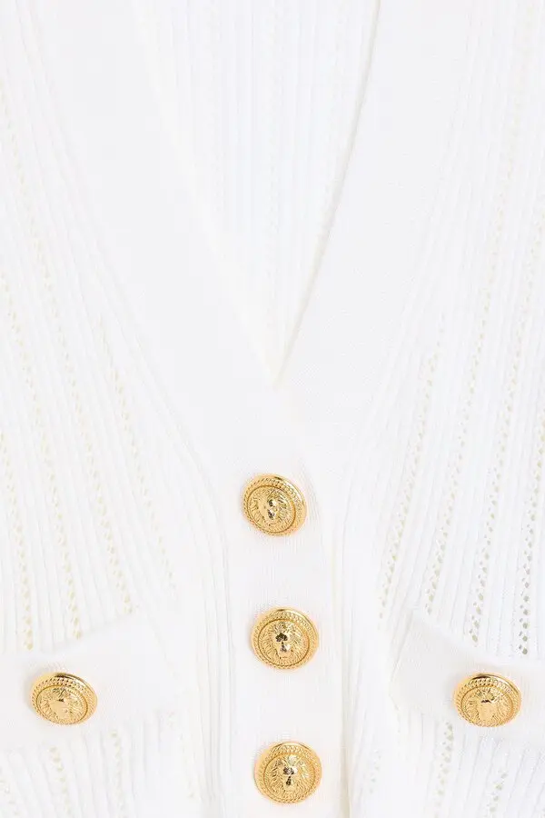 Balmain Cropped Pointelle-knit Cardigan With Button Embellishments