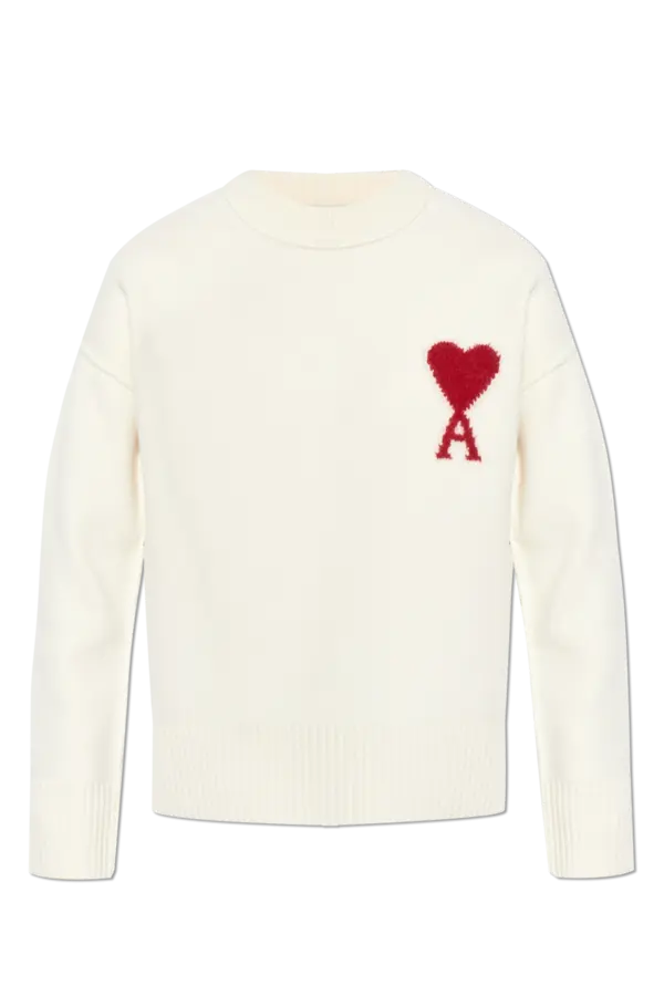 Ami Wool Sweater With Logo - Cream