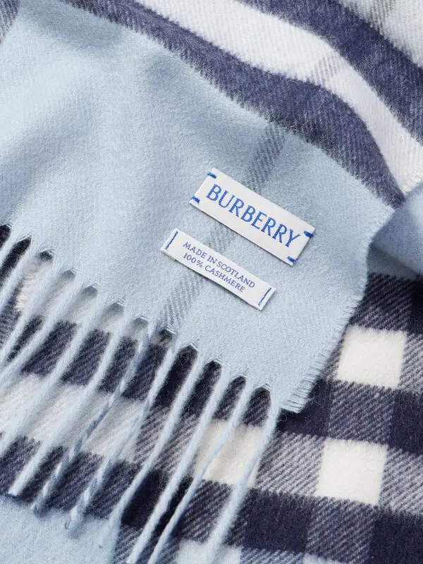 Burberry Fringed Checked Cashmere Scarf - Blue