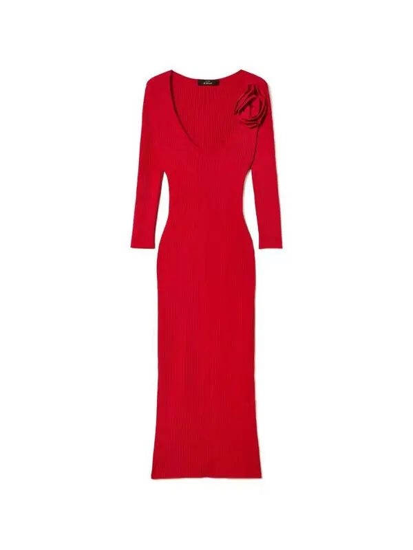 TWINSET Ribbed Knit Maxi Dress With Brooch Detail