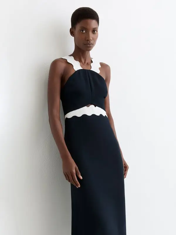 REISS Contrast Wave-trim Fitted Midi Dress - Navy/ivory
