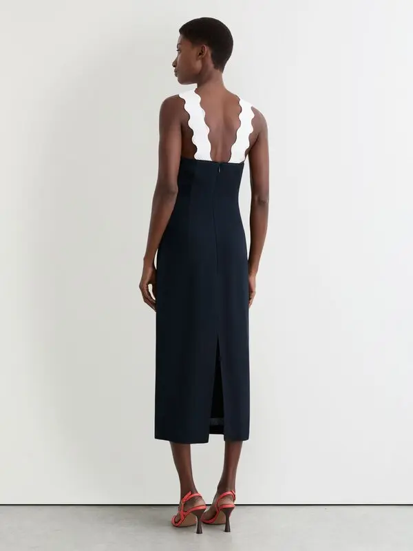 REISS Contrast Wave-trim Fitted Midi Dress - Navy/ivory