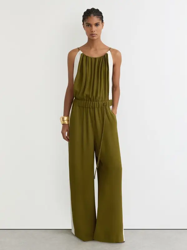 REISS Inez Colourblock Gathered Wide-leg Jumpsuit - Green/cream