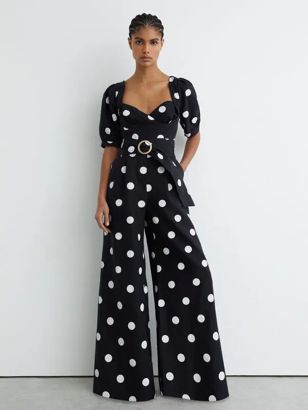 REISS Linen Polka-dot Jumpsuit - Navy/ivory