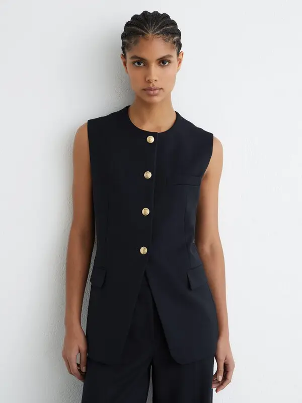 REISS Gabi Button-through Longline Waistcoat - Navy