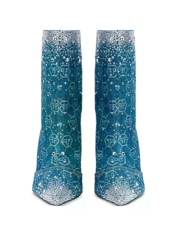 Philipp Plein Strass 9 Monogram Rhinestone Denim Boots