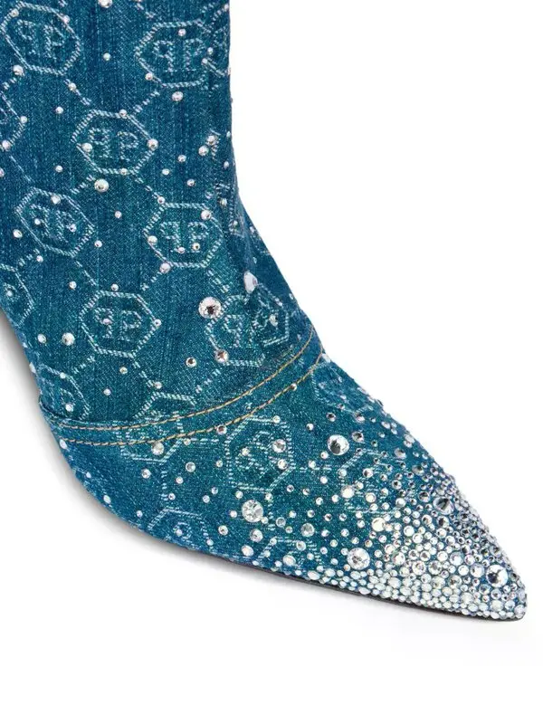 Philipp Plein Strass 9 Monogram Rhinestone Denim Boots