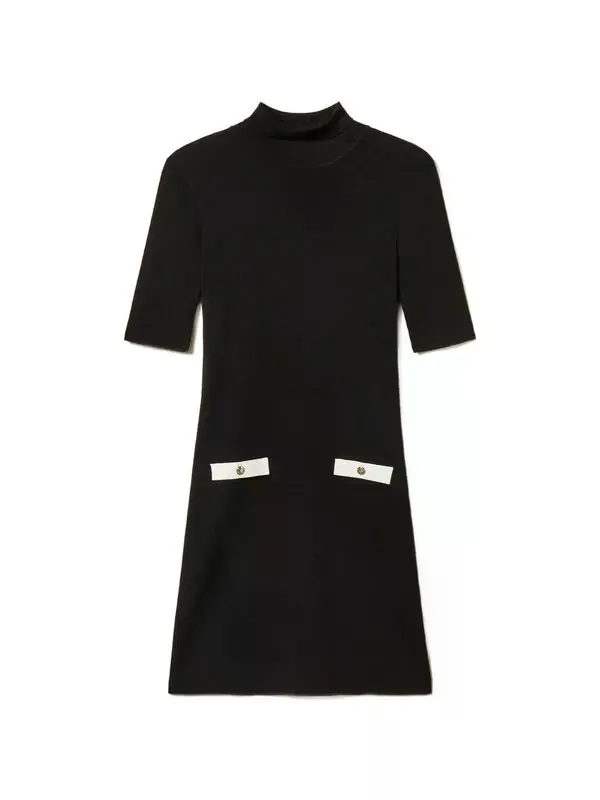 TWINSET High Neck Short Sleeve Mini Dress With Decorative Pockets
