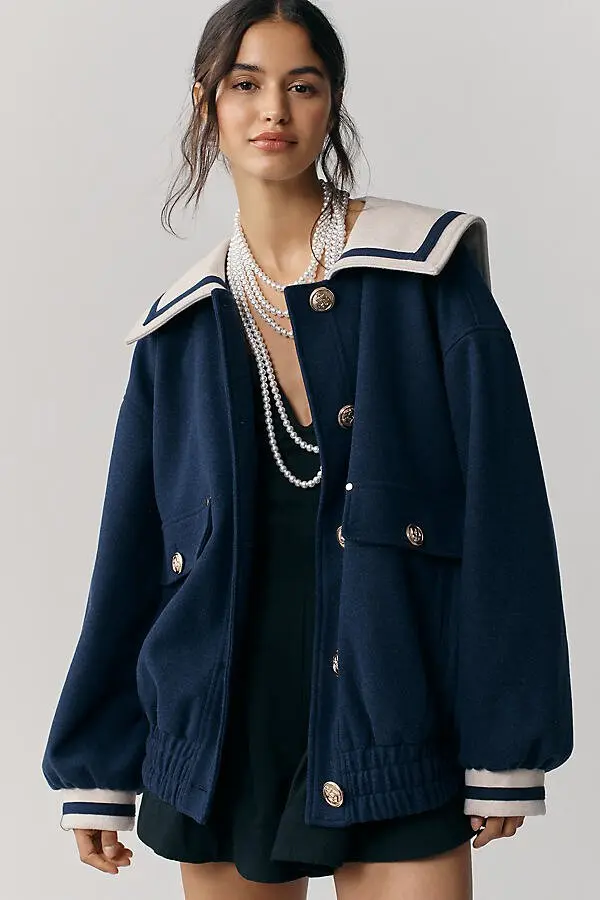 Maeve Wool Blend Nautical Bomber Jacket