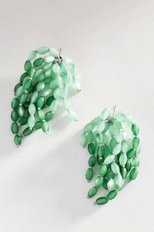 Anthropologie Beaded Fringe Statement Earrings - Sage