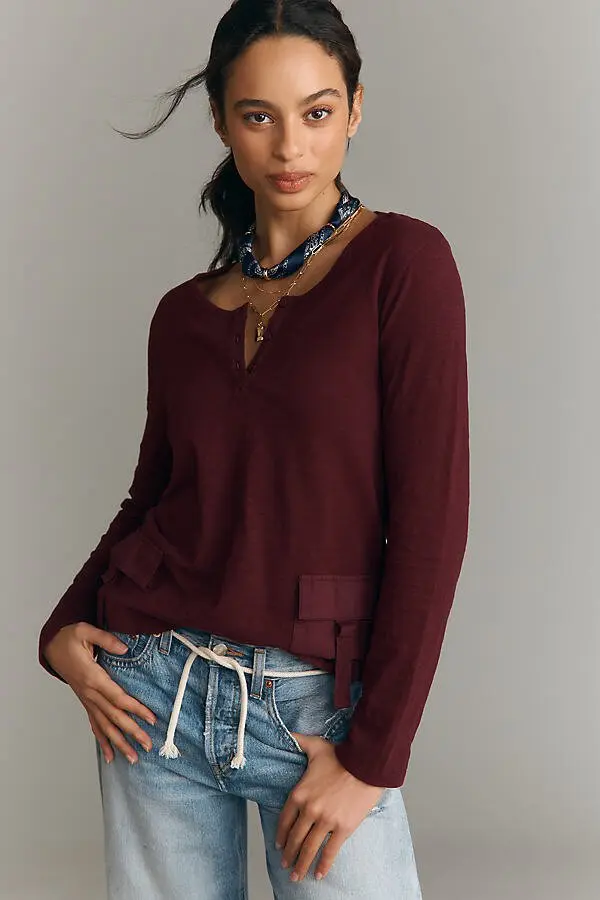 Wilt Button-front Cargo Shirt Top - Dark Wine